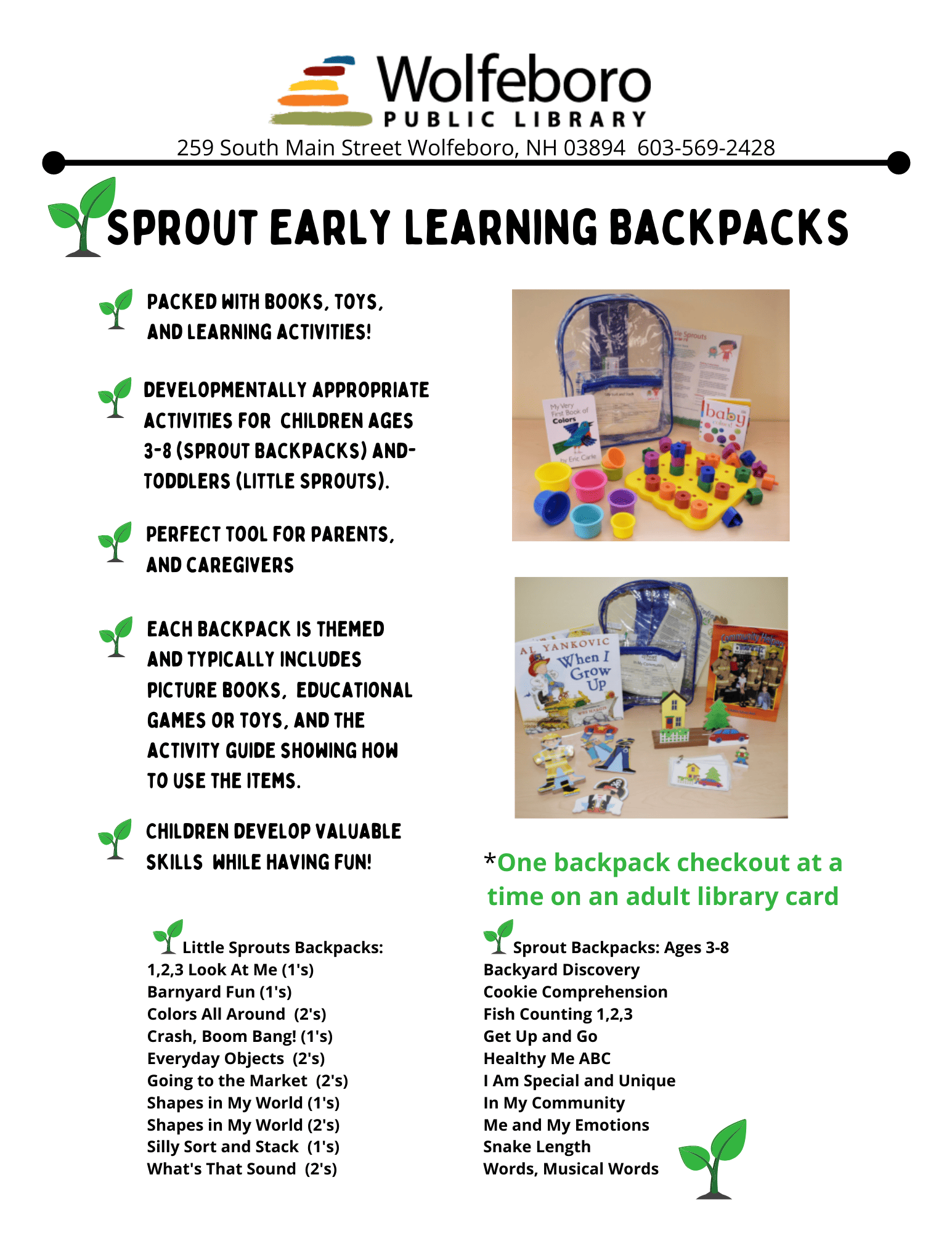Sprouts Learning Backpacks | Wolfeboro Public Library
